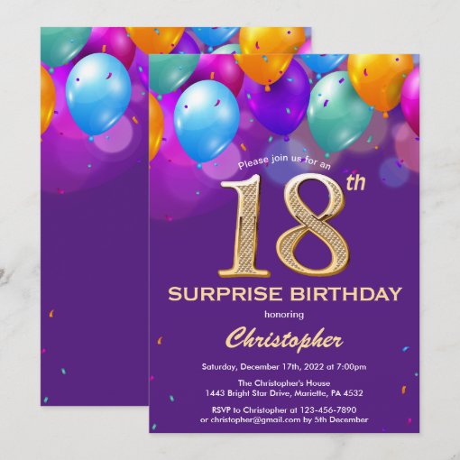 Surprise 18th Birthday Purple and Gold Balloons Invitation | Zazzle