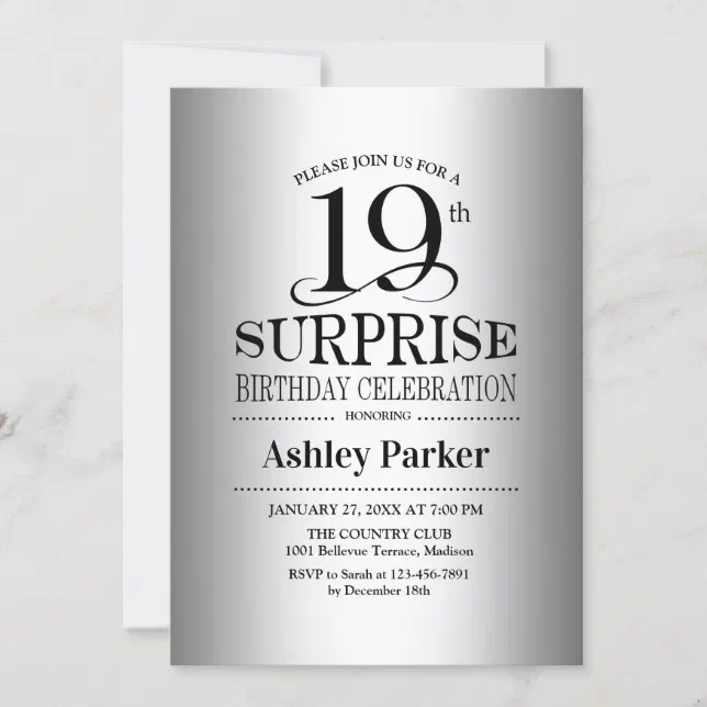 Surprise 19th Birthday Party - Silver Invitation | Zazzle