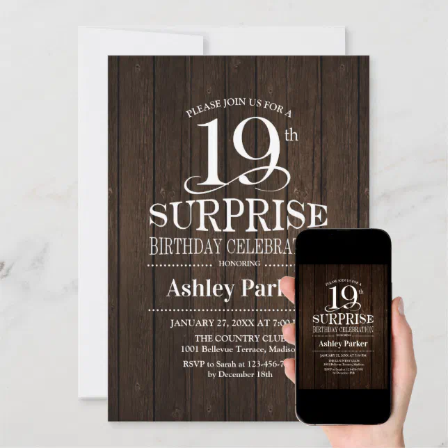 Surprise 19th Birthday Party - Wood Invitation | Zazzle