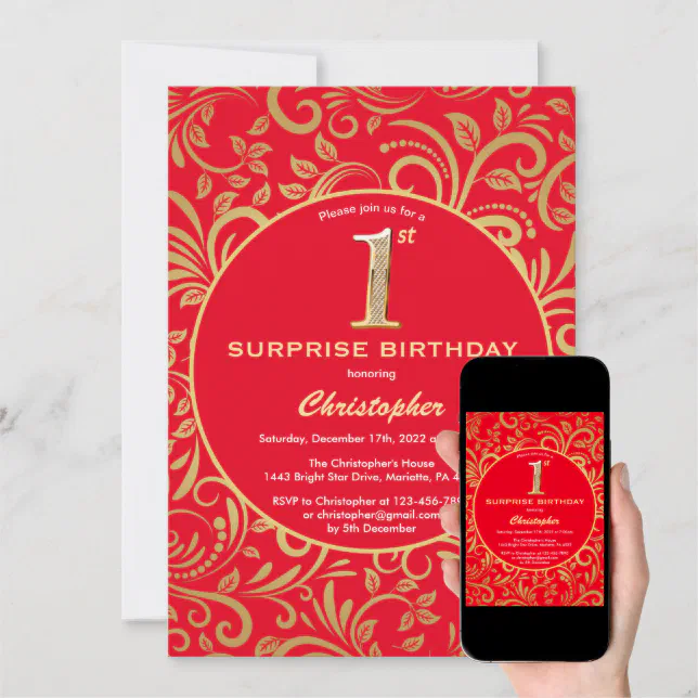 Surprise 1st Birthday Red and Gold Floral Invitation | Zazzle