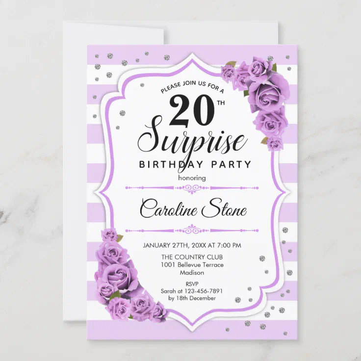 Surprise 20th Birthday - Purple White Invitation | Zazzle