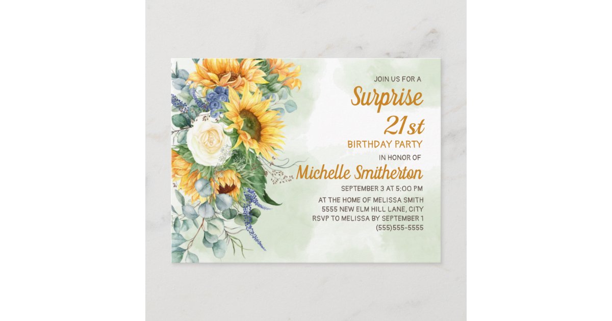Surprise 21st Birthday Sunflowers Eucalyptus Postcard | Zazzle