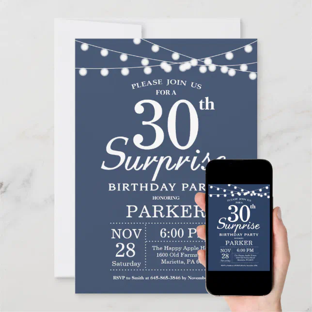 Surprise 30th Birthday Invitation Blue and White | Zazzle