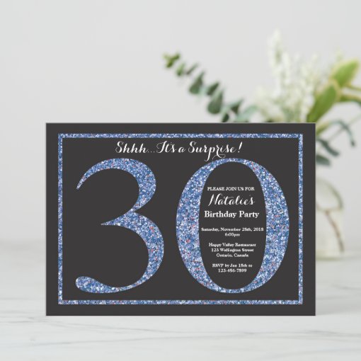 Surprise 30th Birthday Invitation Blue Glitter | Zazzle