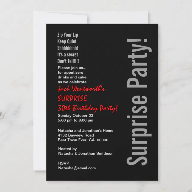 SURPRISE 30th Birthday Modern Black White Red Invitation | Zazzle