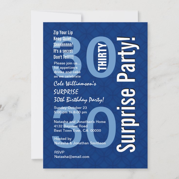 SURPRISE 30th Birthday Modern Royal Blue R600 Invitation | Zazzle