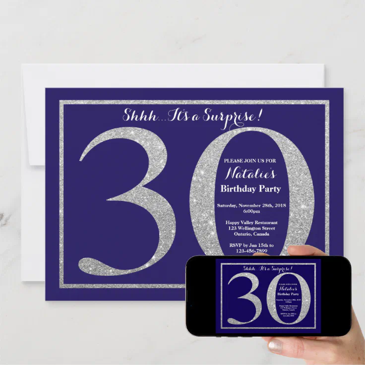 Surprise 30th Birthday Navy Blue Silver Glitter Invitation | Zazzle