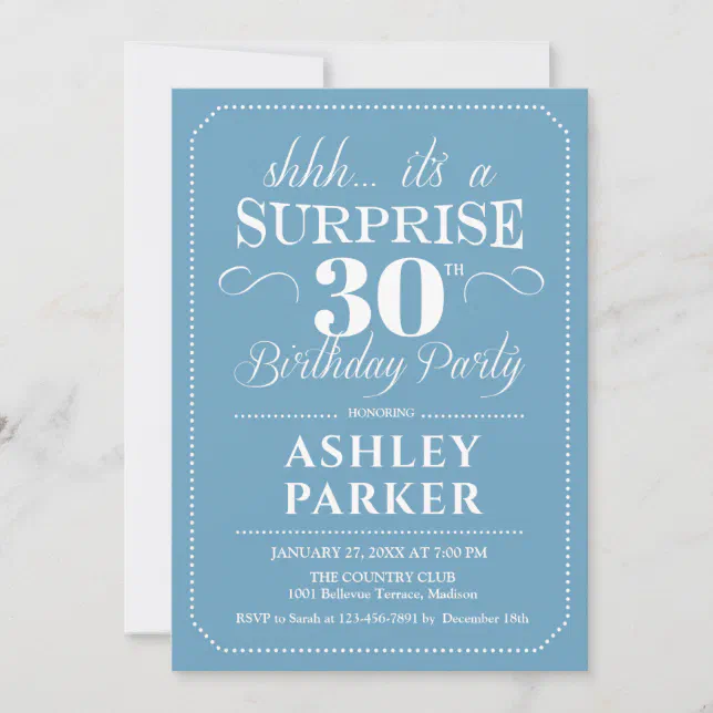 Surprise 30th Birthday Party - Light Blue White Invitation | Zazzle