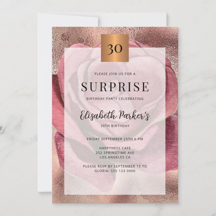 Surprise 30th Birthday Party Rose Gold Glitter Invitation Zazzle