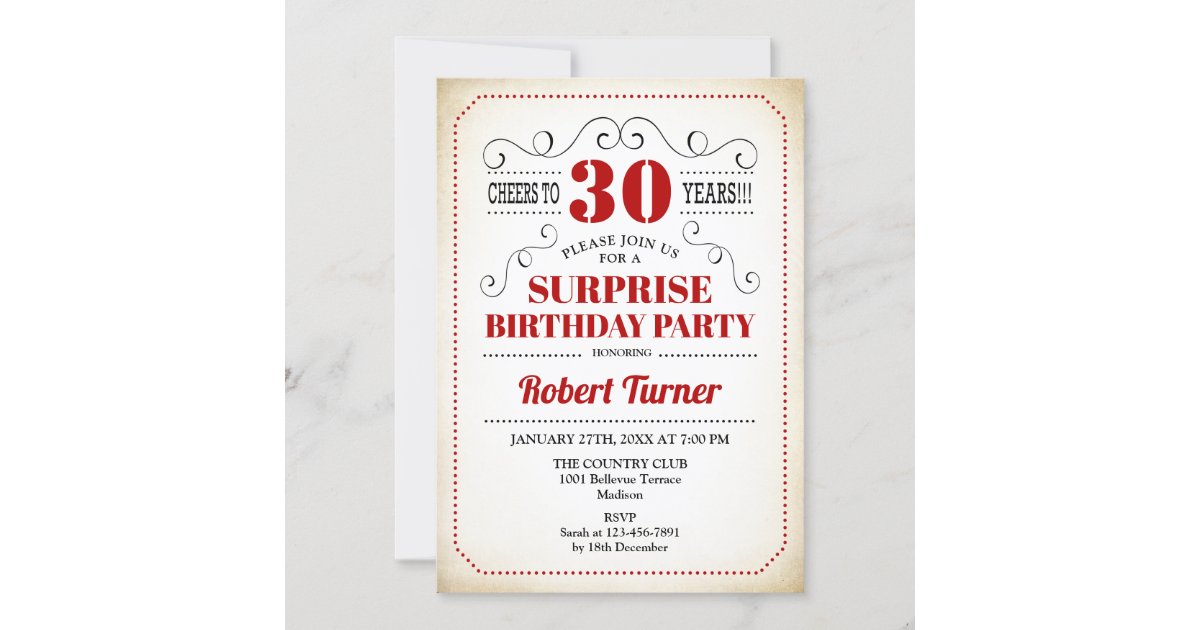 Surprise 30th Birthday - Red White Black Invitation | Zazzle
