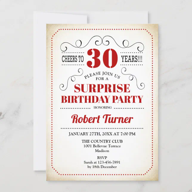 Surprise 30th Birthday - Red White Black Invitation | Zazzle