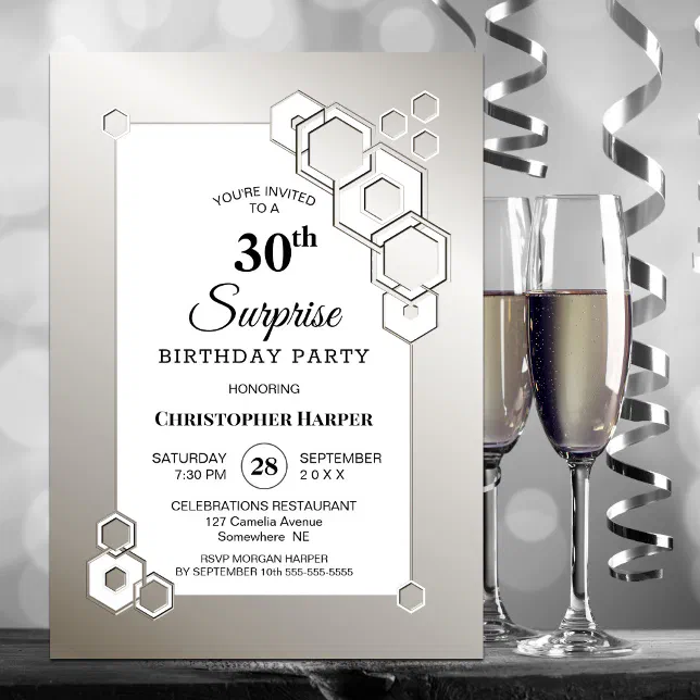 Surprise 30th Silver Geometric Birthday Party Invitation | Zazzle