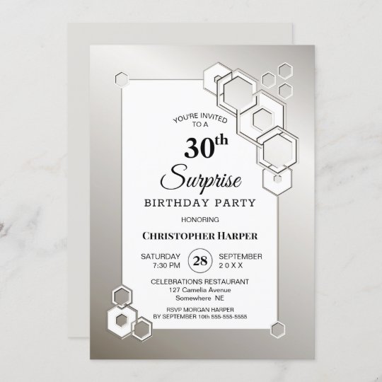 Surprise 30th Silver Geometric Birthday Party Invitation | Zazzle.com
