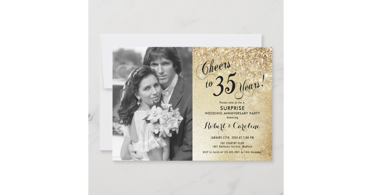 Surprise 35th Anniversary with Photo - Gold Invitation | Zazzle