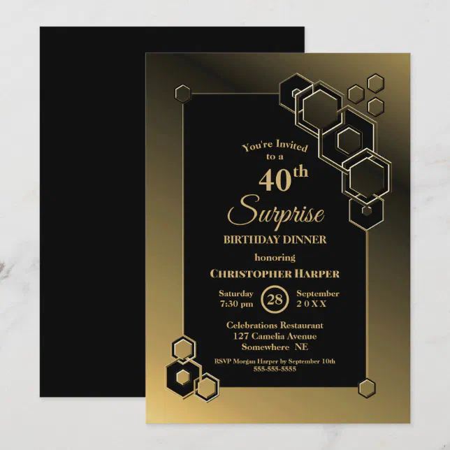Surprise 40th Birthday Dinner Black Gold Border Invitation | Zazzle
