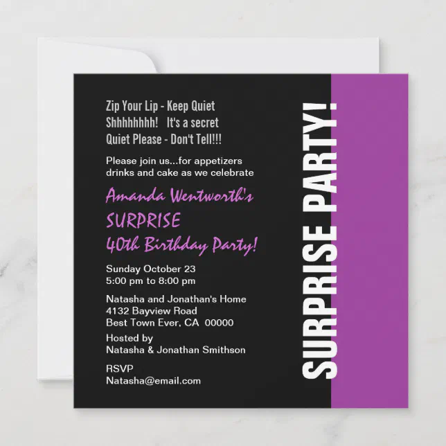 SURPRISE 40th Birthday Modern Black Purple W1466 Invitation | Zazzle