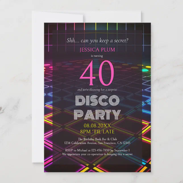 Surprise 40th Birthday Neon Disco Party Invitation | Zazzle