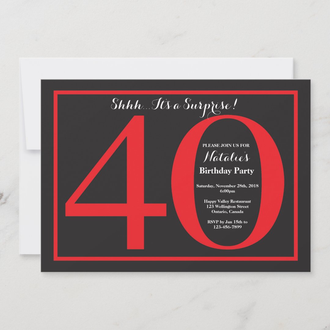 Surprise 40th Birthday Red and Black Chalkboard Invitation | Zazzle