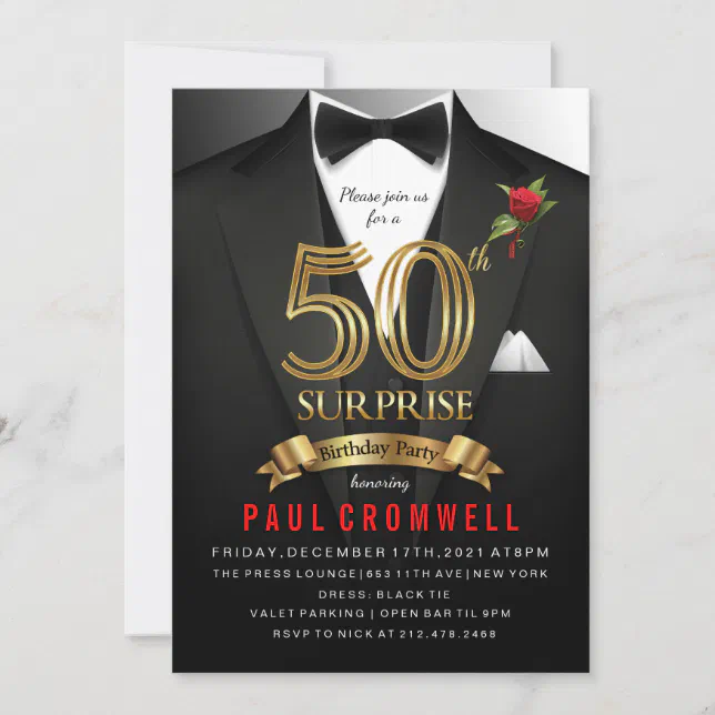 Surprise 50th Birthday Tuxedo Invitation | Zazzle