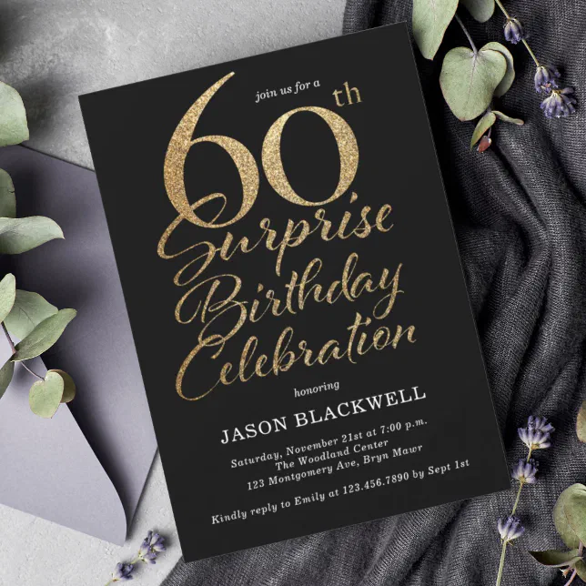 Surprise 60th Birthday Celebration Black & Gold Invitation | Zazzle
