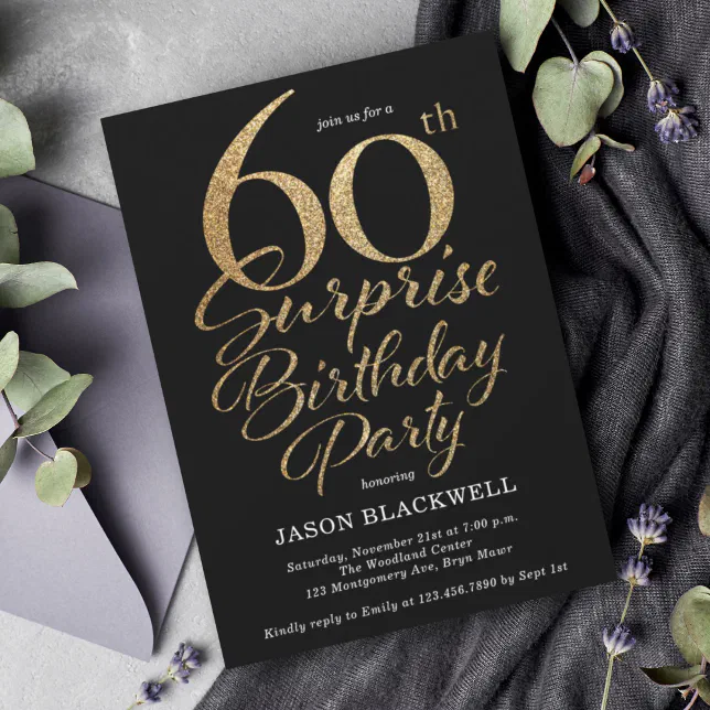 Surprise 60th Birthday Party Black & Gold Invitation | Zazzle