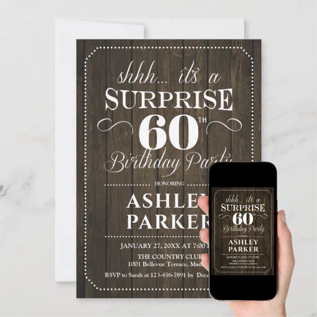 Surprise 60th Birthday Party - Rustic Wood Invitation | Zazzle