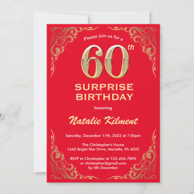 Surprise 60th Birthday Red and Gold Glitter Invitation | Zazzle
