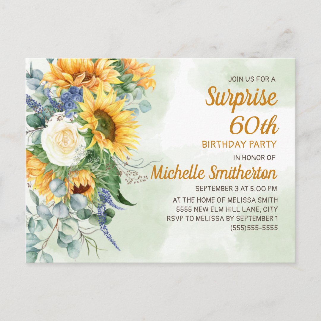 Surprise 60th Birthday Sunflowers Eucalyptus Postcard | Zazzle