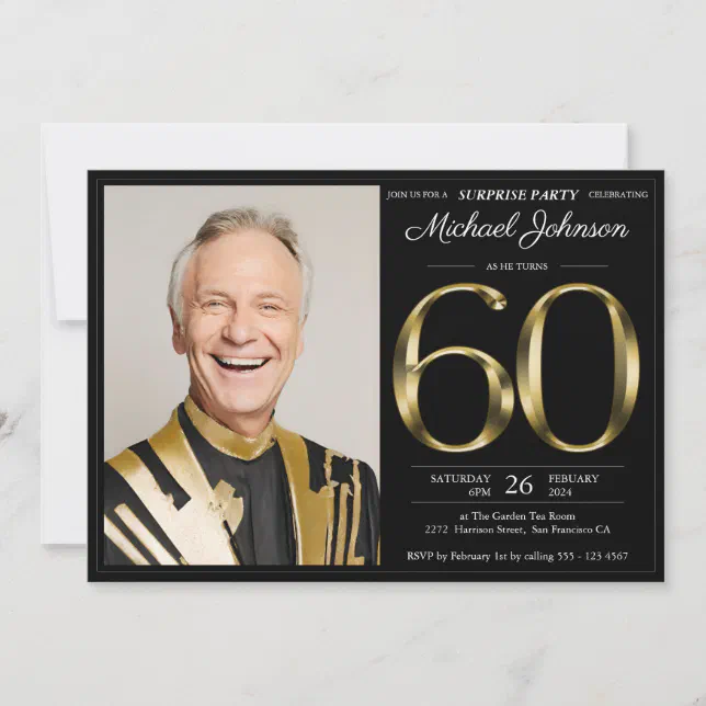 Surprise 60th Black Gold Text Photo Birthday Party Invitation | Zazzle