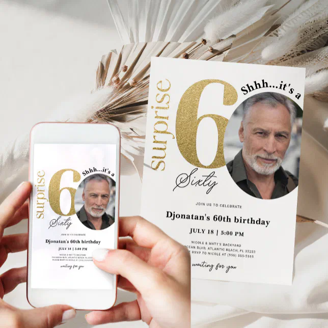 Surprise 60th Gold Birthday Invitation with Photo | Zazzle