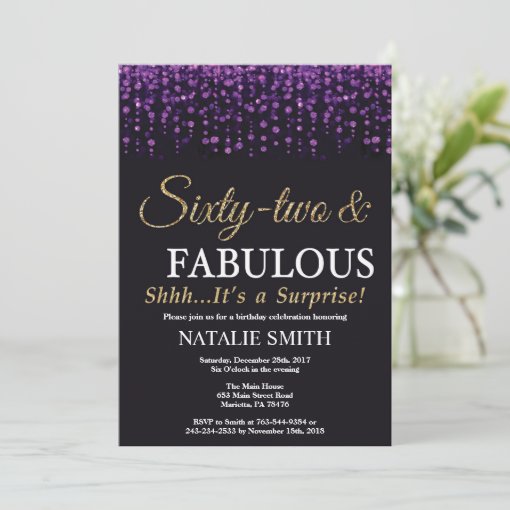 Surprise 62nd Birthday Purple and Gold Glitter Invitation | Zazzle