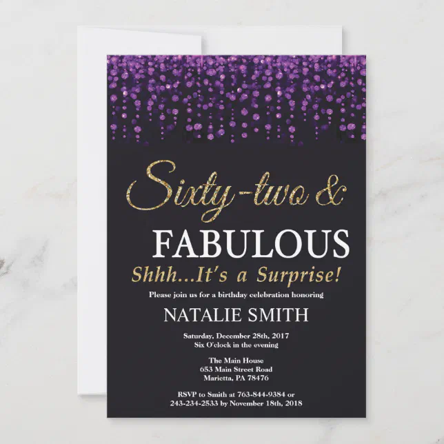 Surprise 62nd Birthday Purple and Gold Glitter Invitation | Zazzle