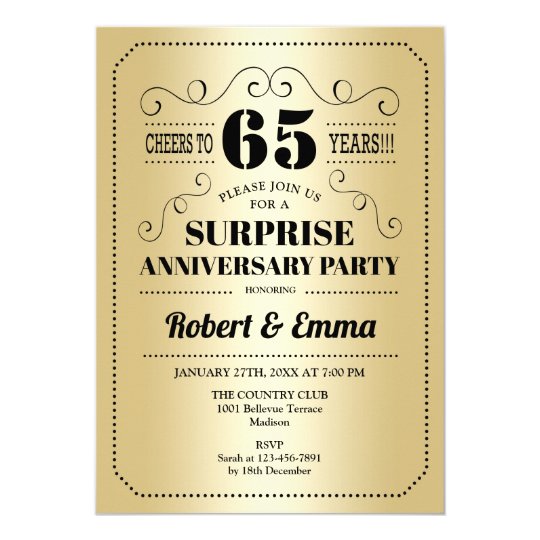 Surprise 65th Anniversary Party - Gold Black Invitation | Zazzle.com