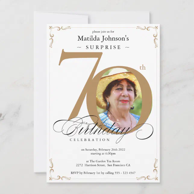 Surprise 70th Birthday Elegant Gold White Photo Invitation | Zazzle
