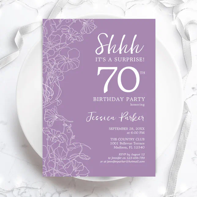 Surprise 70th Birthday - Floral Purple Invitation | Zazzle