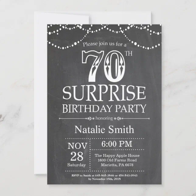Surprise 70th Birthday Invitation Chalkboard | Zazzle