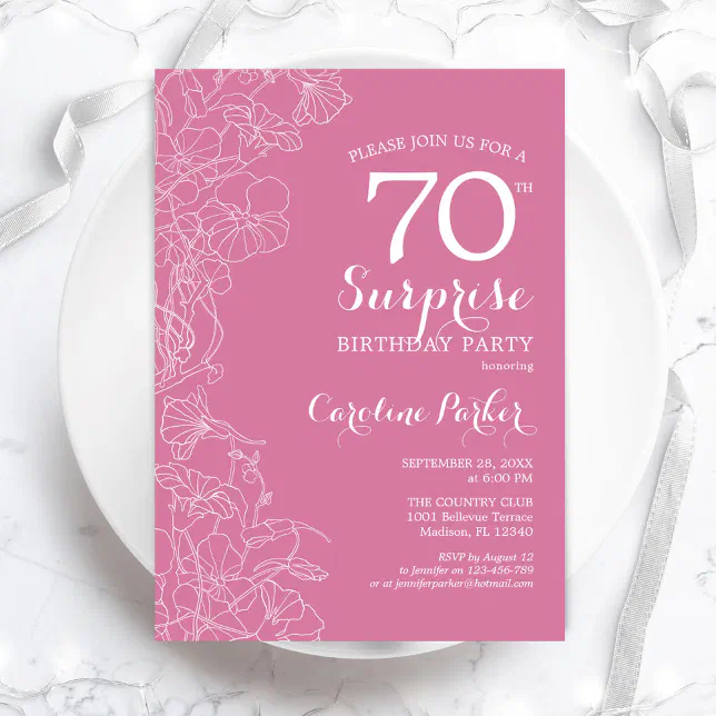 Surprise 70th Birthday Party - Pink Floral Invitation | Zazzle