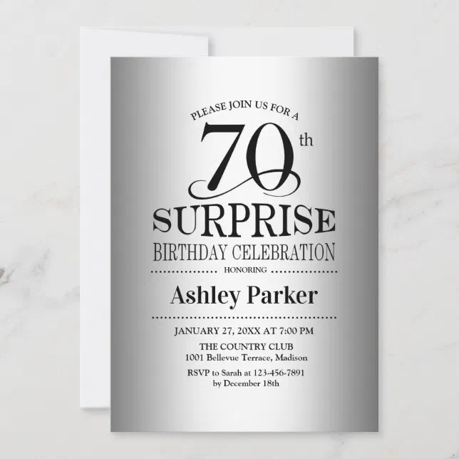 Surprise 70th Birthday Party - Silver Invitation | Zazzle