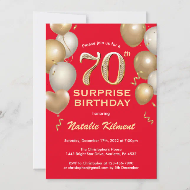Surprise 70th Birthday Red and Gold Balloons Invitation | Zazzle