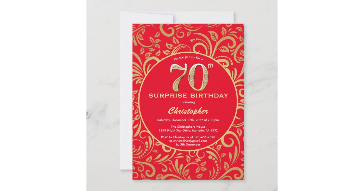 Surprise 70th Birthday Red and Gold Floral Invitation | Zazzle