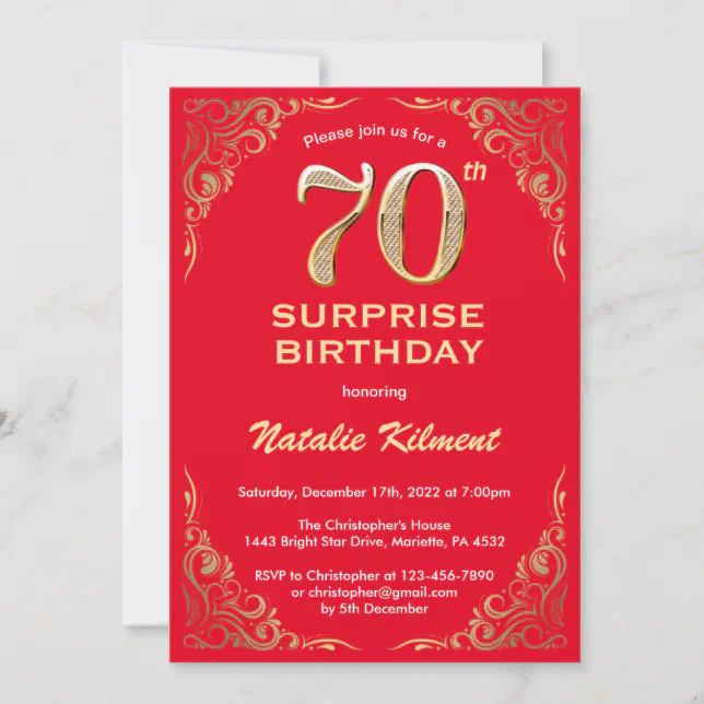 Surprise 70th Birthday Red and Gold Glitter Invitation | Zazzle