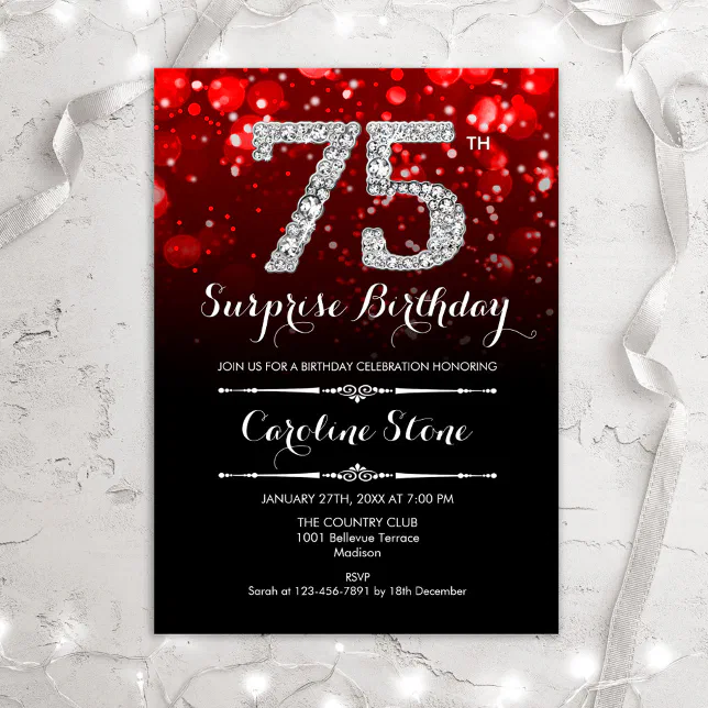 Surprise 75th Birthday - Black Red Silver Invitation | Zazzle