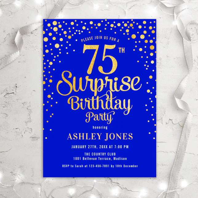 Surprise 75th Birthday Party - Royal Blue & Gold Invitation | Zazzle