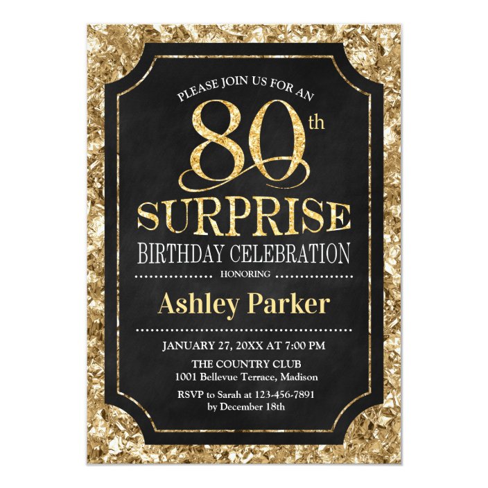 Surprise 80th Birthday Party Gold Black Invitation Zazzle Surprise 80th Birthday Party Gold Black Invitation Zazzle