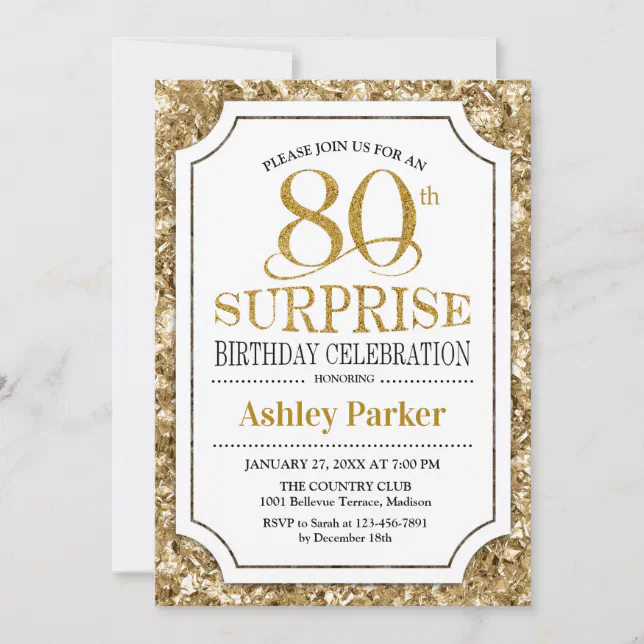 Surprise 80th Birthday Party - Gold White Invitation | Zazzle