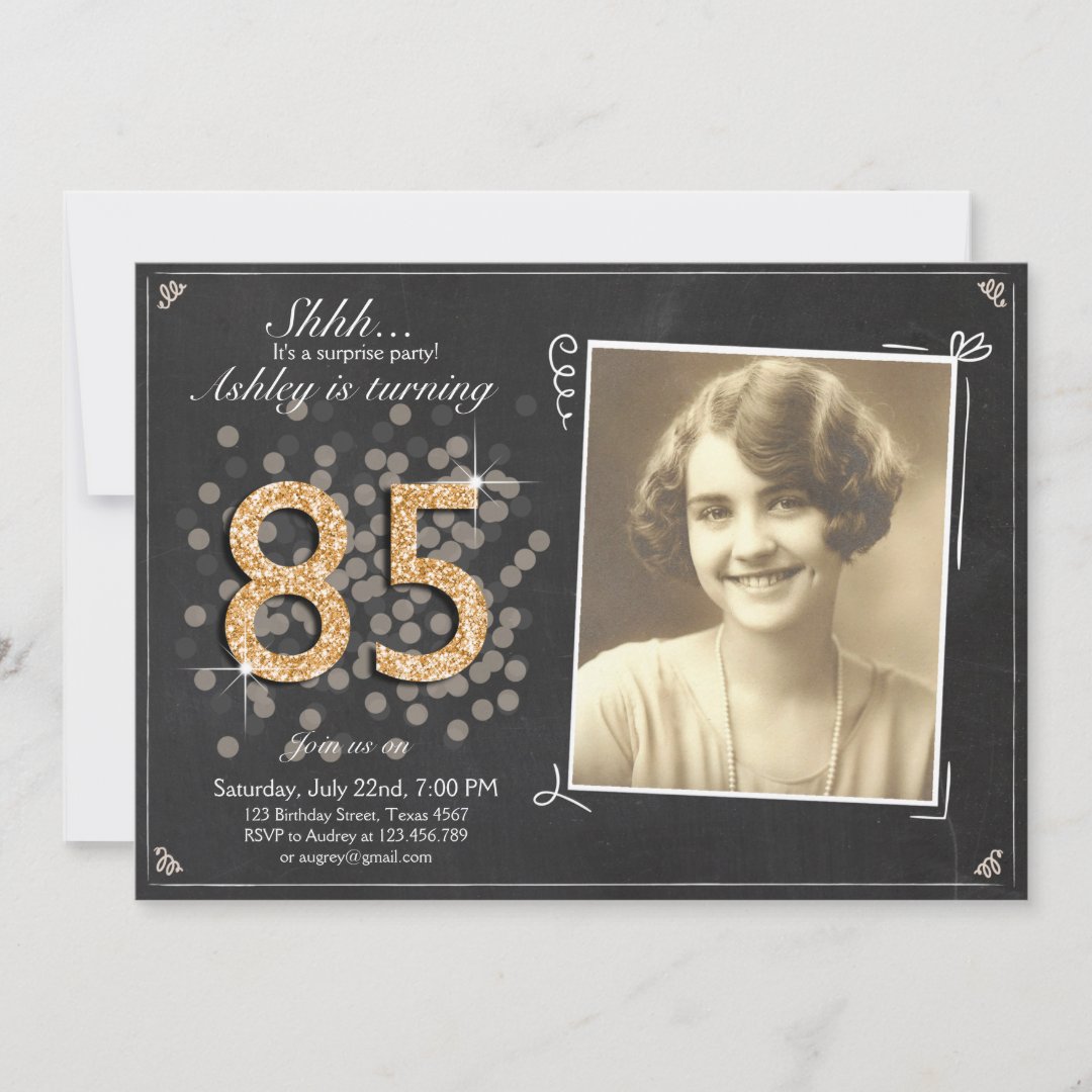 Surprise 85th birthday invite Chalkboard vintage | Zazzle