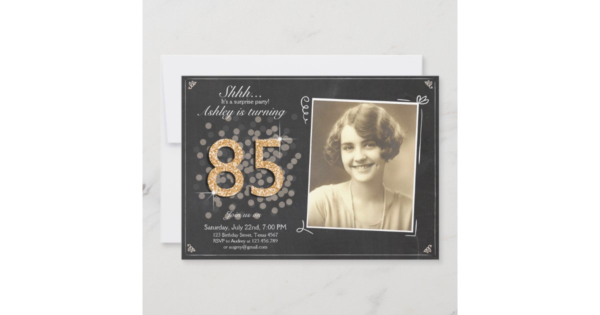 Surprise 85th birthday invite Chalkboard vintage | Zazzle