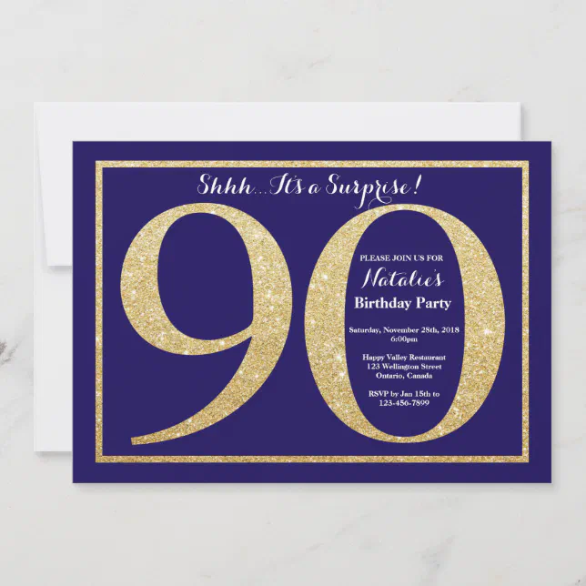 Surprise 90th Birthday Navy Blue and Gold Glitter Invitation | Zazzle