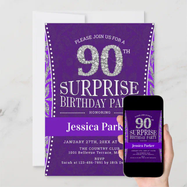 Surprise 90th Birthday Party - Silver Purple Invitation | Zazzle
