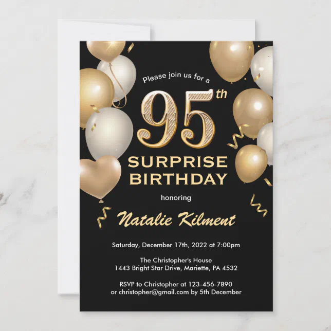 Surprise 95th Birthday Black and Gold Balloons Invitation | Zazzle